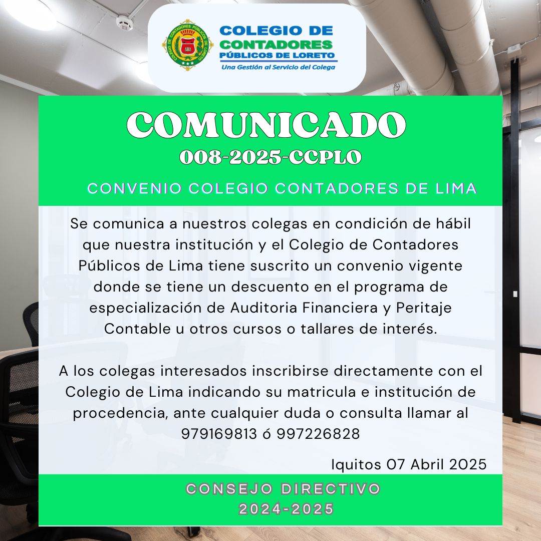 COMUNICADO N° 008-2025-CD Convenio CCPLima - Colegio de Contadores Públicos de Loreto